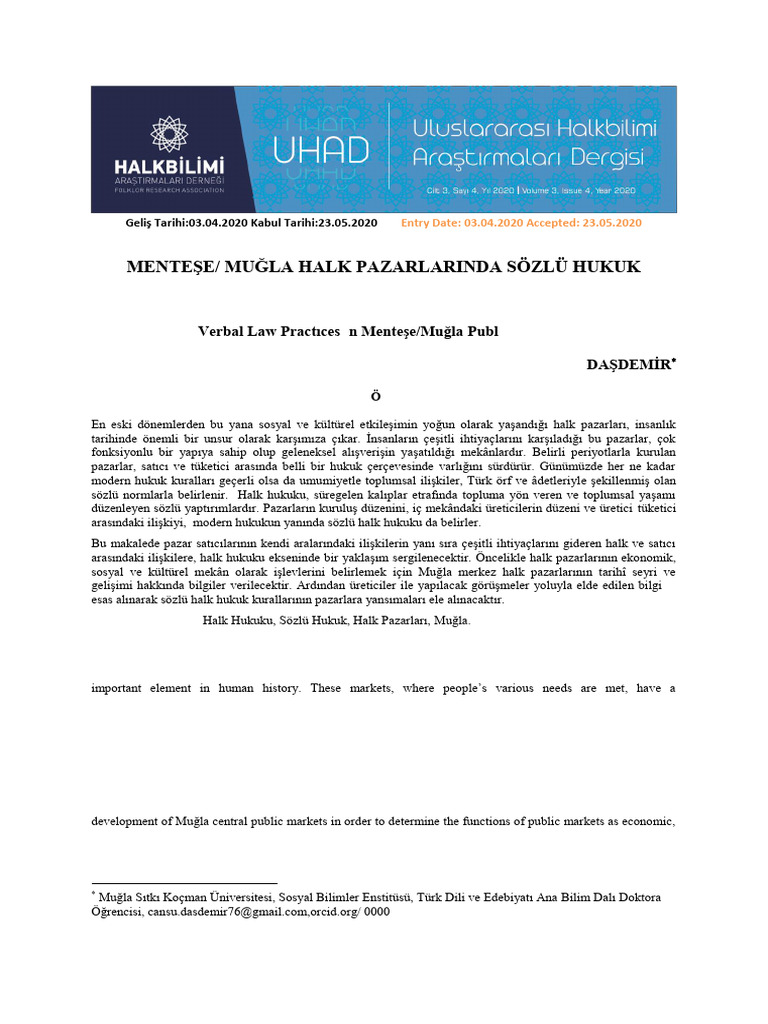 ENTEŞE MUĞLA HALK PAZARLARINDA SÖZLÜ HUKUK | PDF