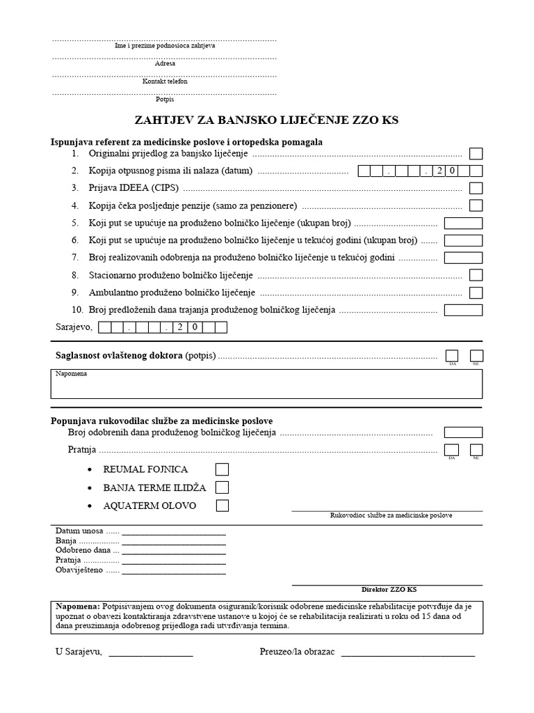 Zahtjev Za Banjsko Lijecenje 1 | PDF