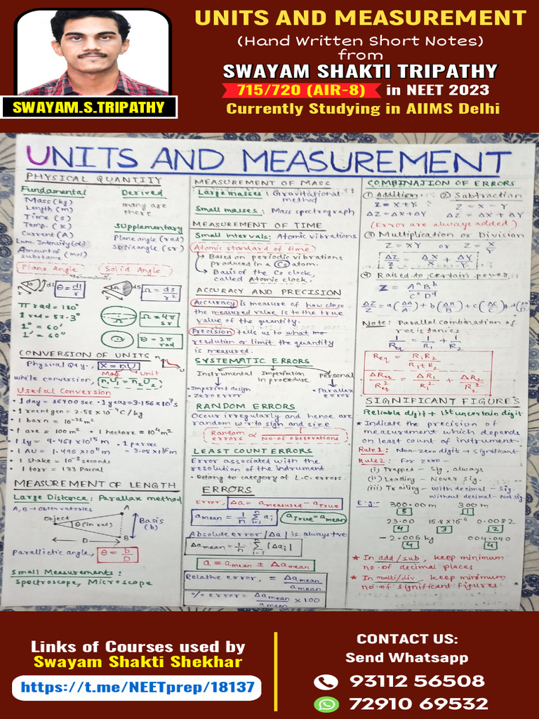 Units & Measurements Short Notes From Swayam AIR 8 NEET 2023 | PDF