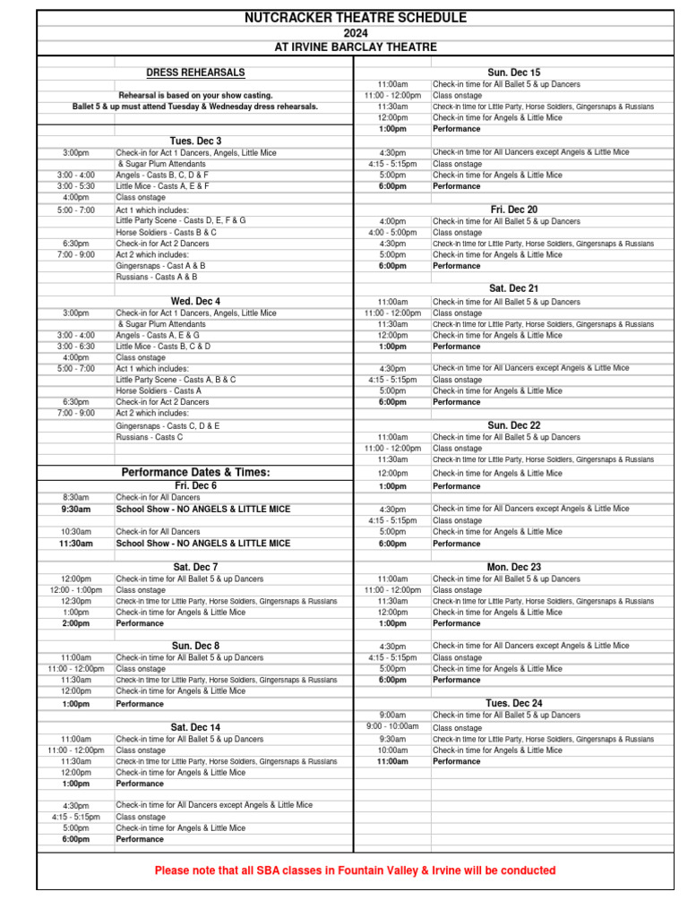 Nutcracker 2024 Cast Schedule | PDF | The Nutcracker | Suites
