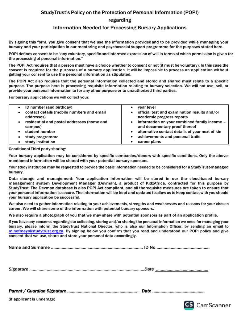 StudyTrust POPIA Concent Form For Bursary Applications | PDF ...