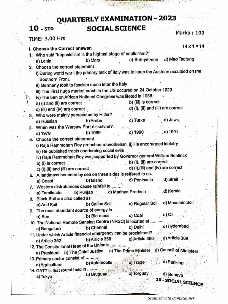 10th Social Science Quarterly Exam 2023 Original Question Paper ...