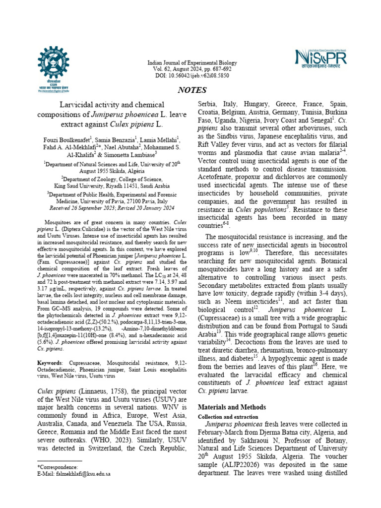 Larvicidal Activity and Chemical | PDF | Gas Chromatography | Mass ...