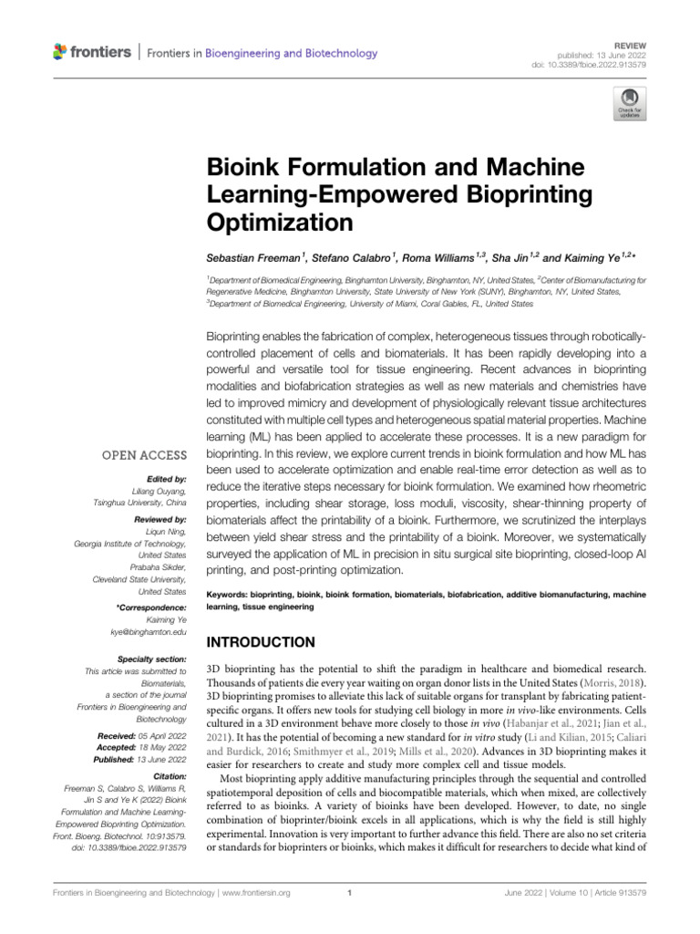 Bioink Formulation and Machine Learning-Empowered Bioprinting Optimization | PDF | Shear Stress ...
