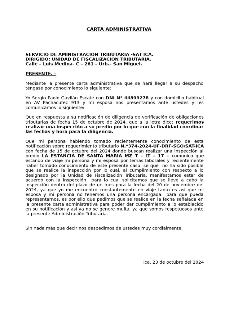 Carta Administrativa Sat 2024 | PDF