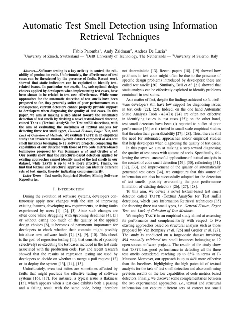 Automatic Test Smell Detection Using Information | PDF