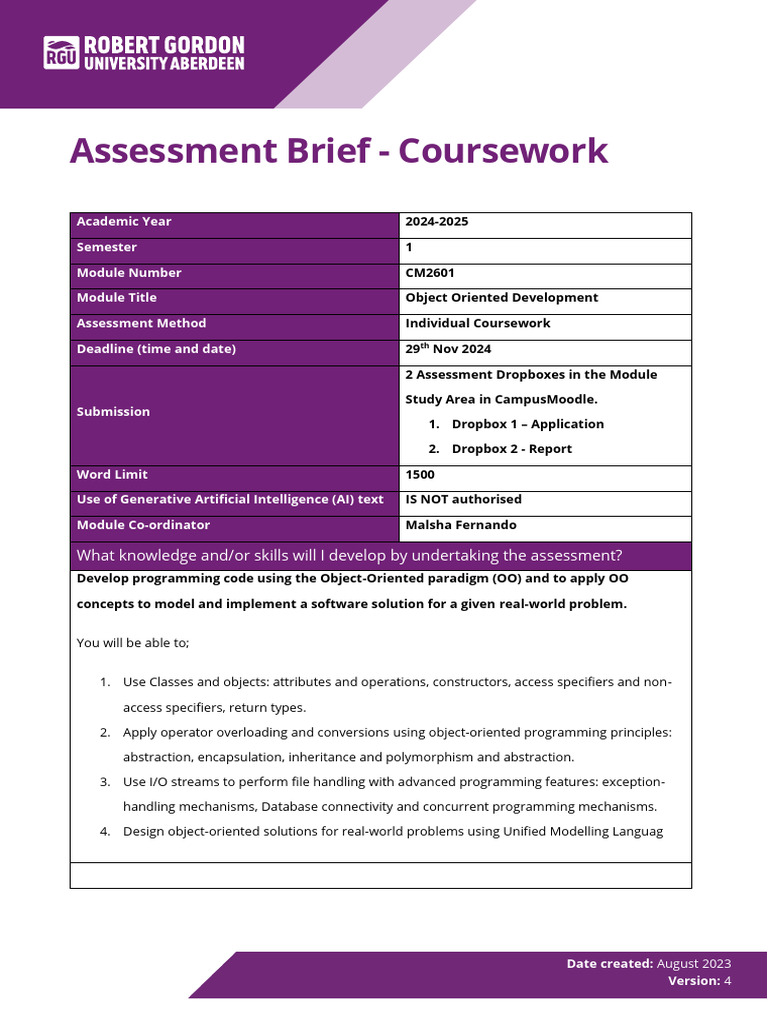 Assessment Brief COURSEWORK CM2601 | PDF | Machine Learning | Object Oriented Programming