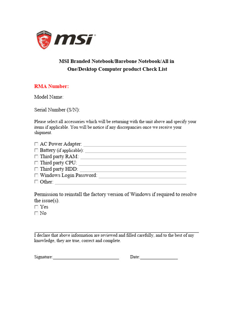 MSI Notebook Return Checklist | PDF
