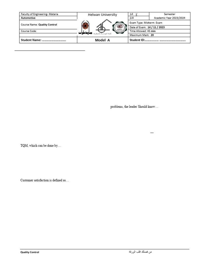 Midterm 2023-2024 AUTO - Quality Answer | PDF | Customer | Marketing