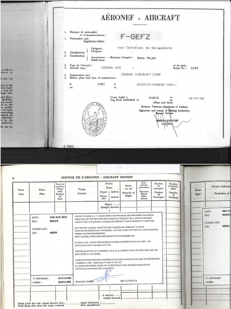 N425FZ Airframe Logbook (Last 3 Annuals) | PDF