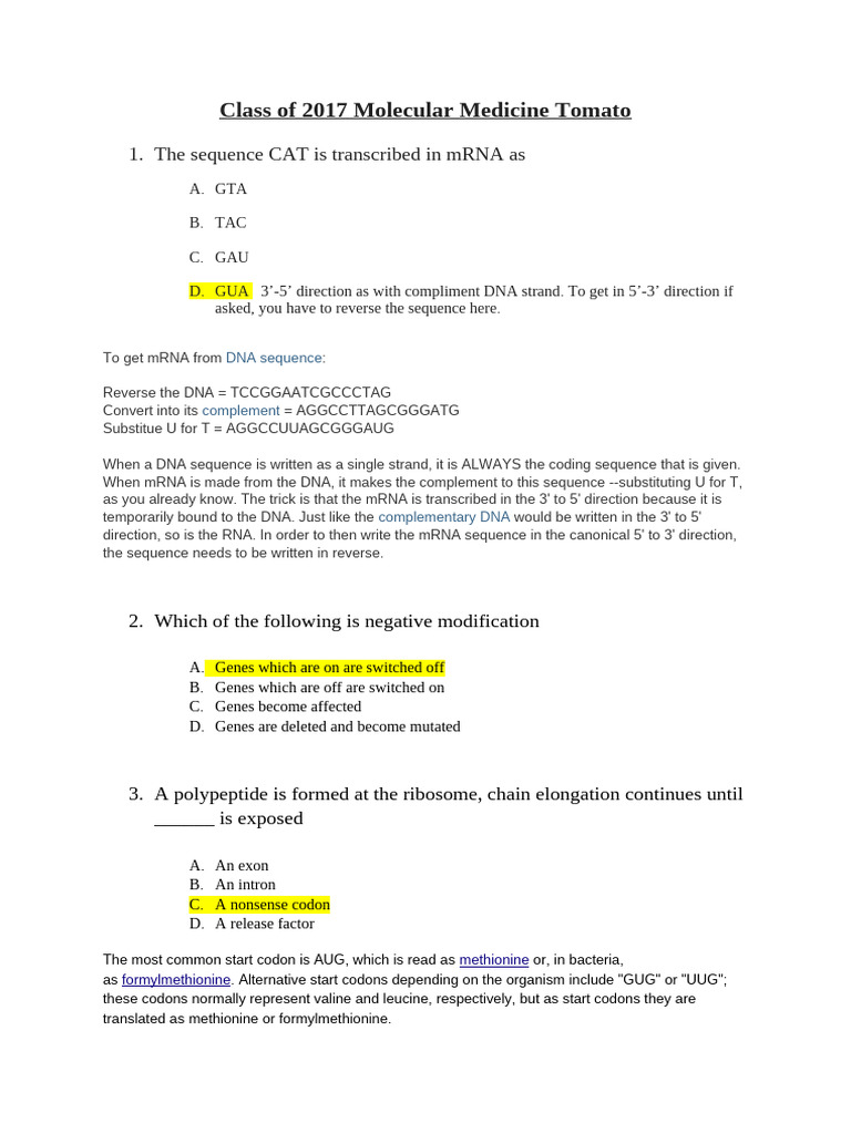 MBBS-DDS 2K17 Molecular Medicine | PDF | Translation (Biology) | Dna