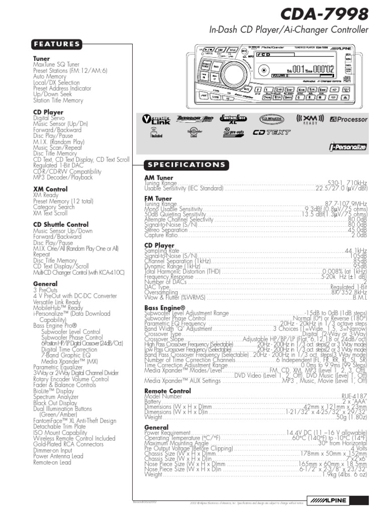 Alpine Cda 7998 Specs Instal | PDF | Equalization (Audio) | Compact Disc