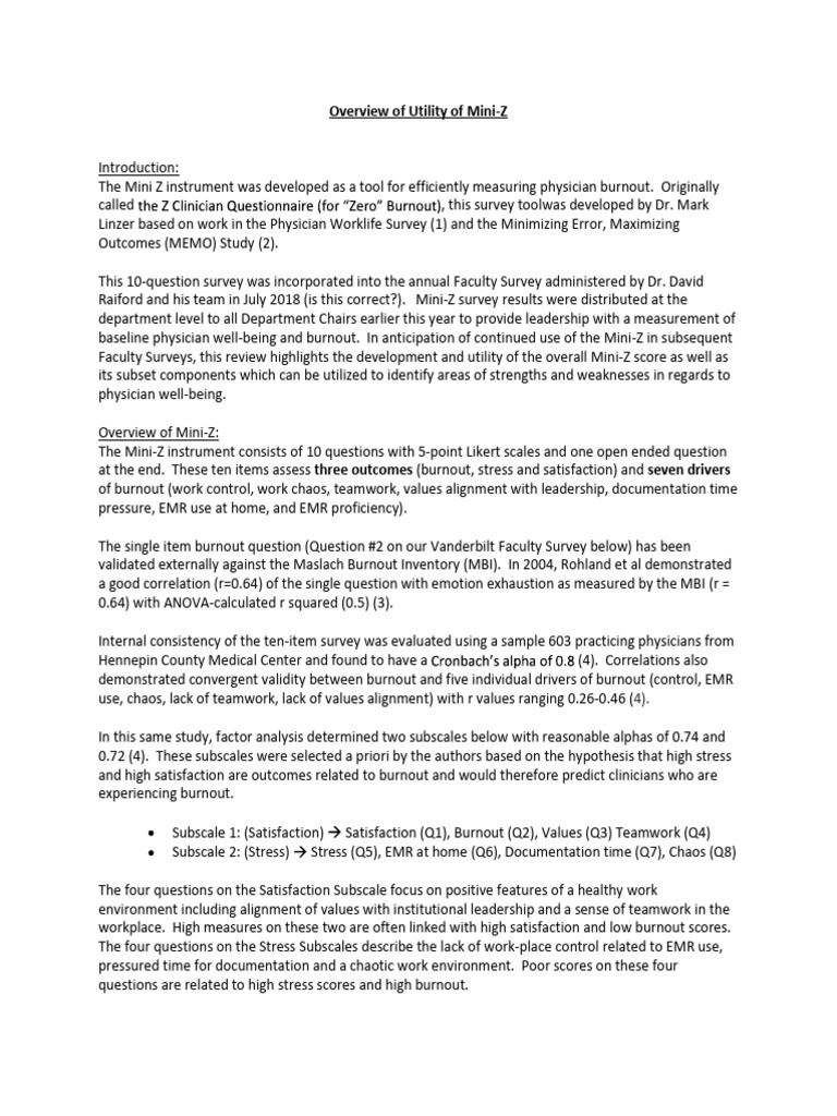 Mini-Z Survey: Assessing Physician Burnout | PDF | Occupational Burnout ...