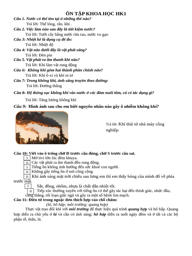 ÔN TẬP KHOA HỌC HK1 | PDF