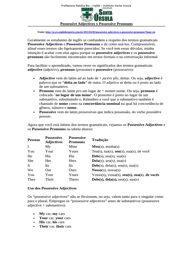 Possessive Adjectives X Possessive Pronouns2 | PDF | Latim | Linguística