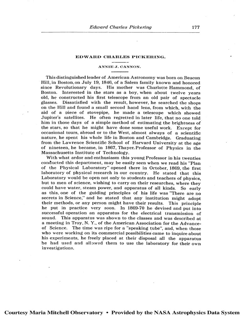 CANNON, Annie Jump (1919) Edward Charles Pickering. Popular Astronomy, 27, 177-182. | PDF