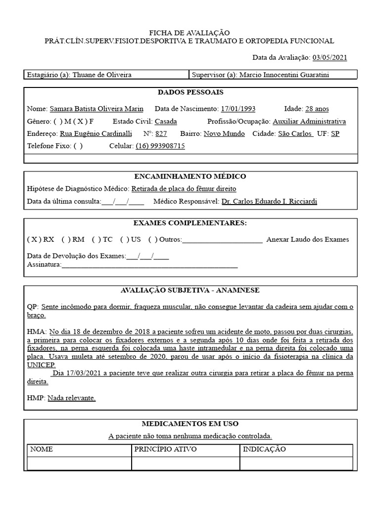 Ficha de AV - Samara-1 | PDF | Joelho | Sistema Locomotor