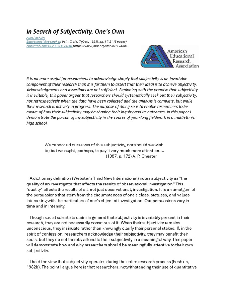 Understanding Researcher Subjectivity | PDF | Teachers