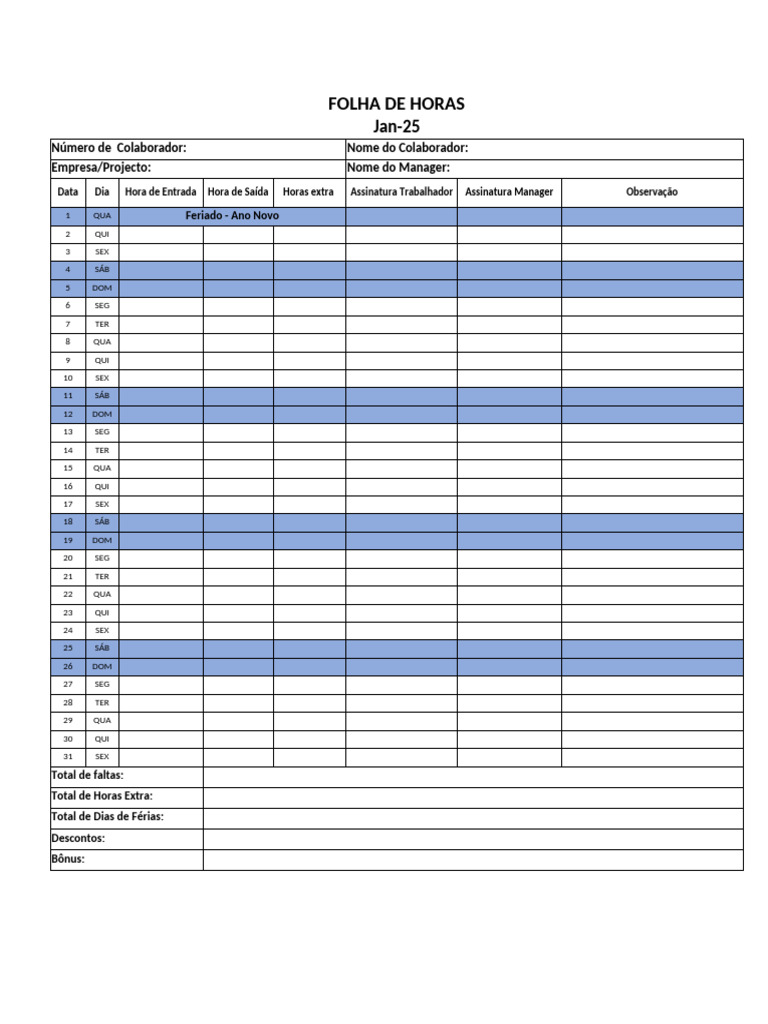 Folhas de Ponto_Timesheets 2025 | PDF
