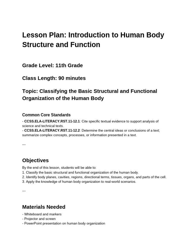 Human Body Structure Lesson Plan | PDF | Anatomical Terms Of Location ...