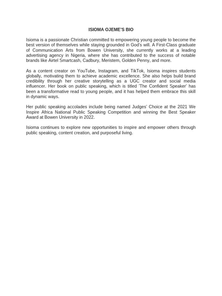 Isioma Ojeme's Bio | PDF