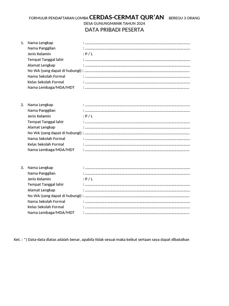 1.Formulir Pendaftaran Lomba Ccq Beregu 3 Orang Ini | PDF