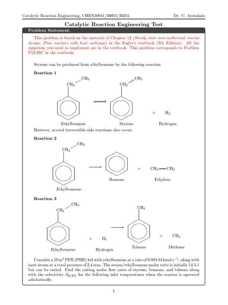 Catalytic Reaction Engineering Test | PDF | Chemical Reactor | Benzene