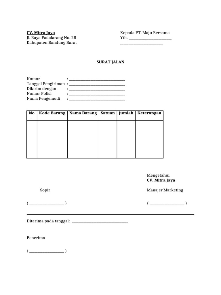 Contoh Surat Jalan Barang | PDF