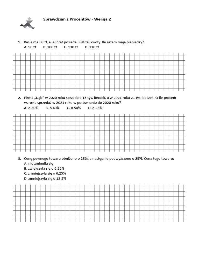 Sprawdzian Procenty 2 | PDF
