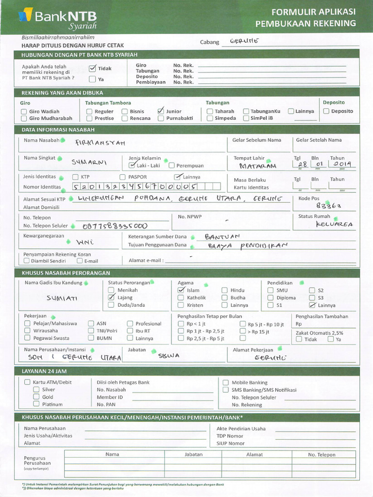 Contoh Pengisian Formulir Pembukaan Rekening | PDF