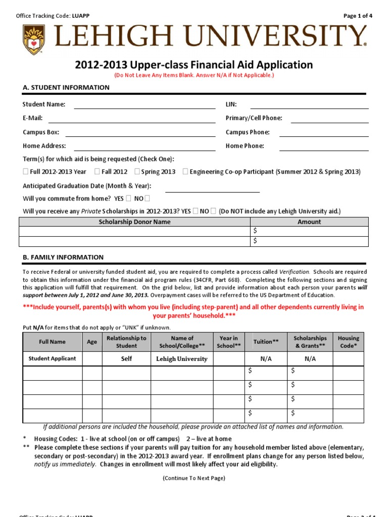 2012-13 Upperclass Financial Aid Application | PDF | Irs Tax Forms ...