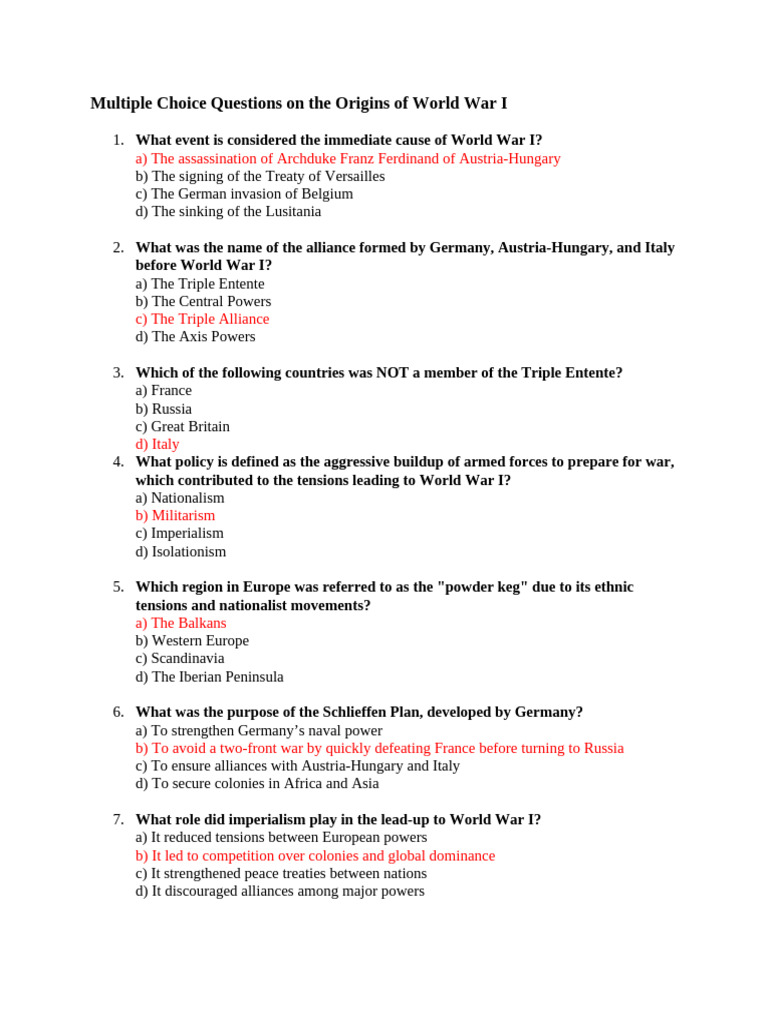 World War I Origins Quiz Questions | PDF | World War I | Allies Of ...