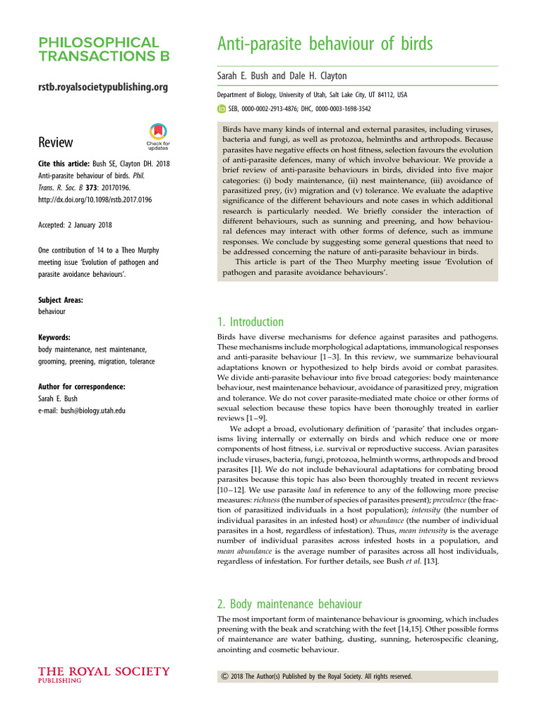 Bush Et Al 2018 Anti Parasite Behaviour of Birds | PDF | Beak | Parasitism