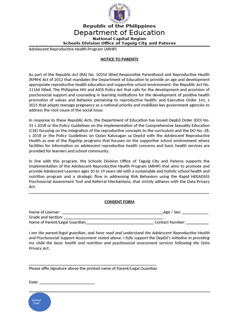 HEEADSSS Parental Consent Form | PDF | Human Reproduction | Human Sexuality