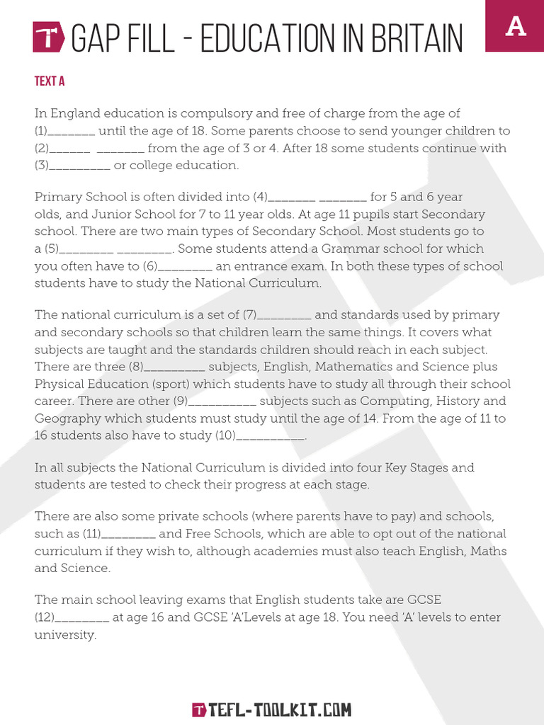 British School System Gap Fill | PDF | Schools | Curriculum