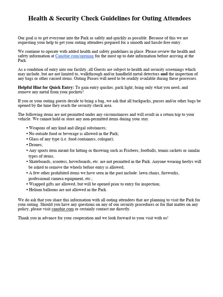 Health & Security Entry Guidelines for Parks | PDF