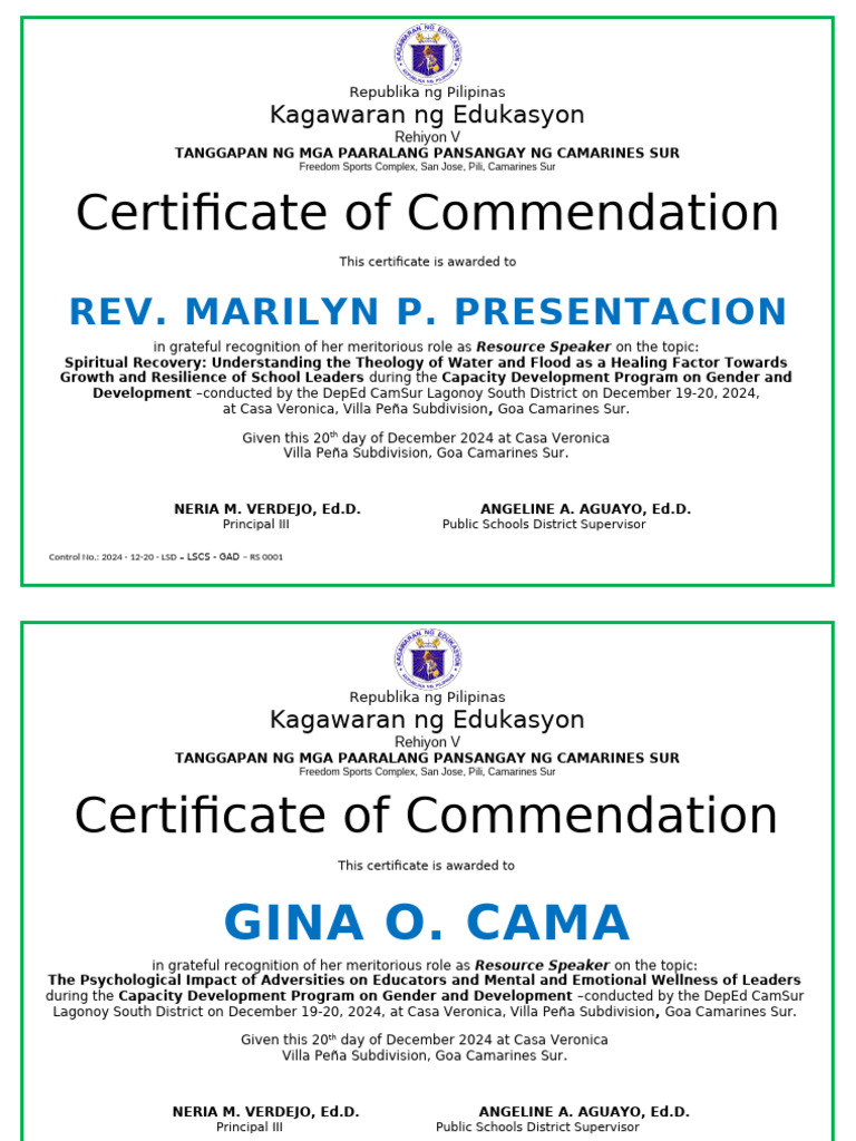 GAD - Certificate of Commendations | PDF | Gender | Gender Studies