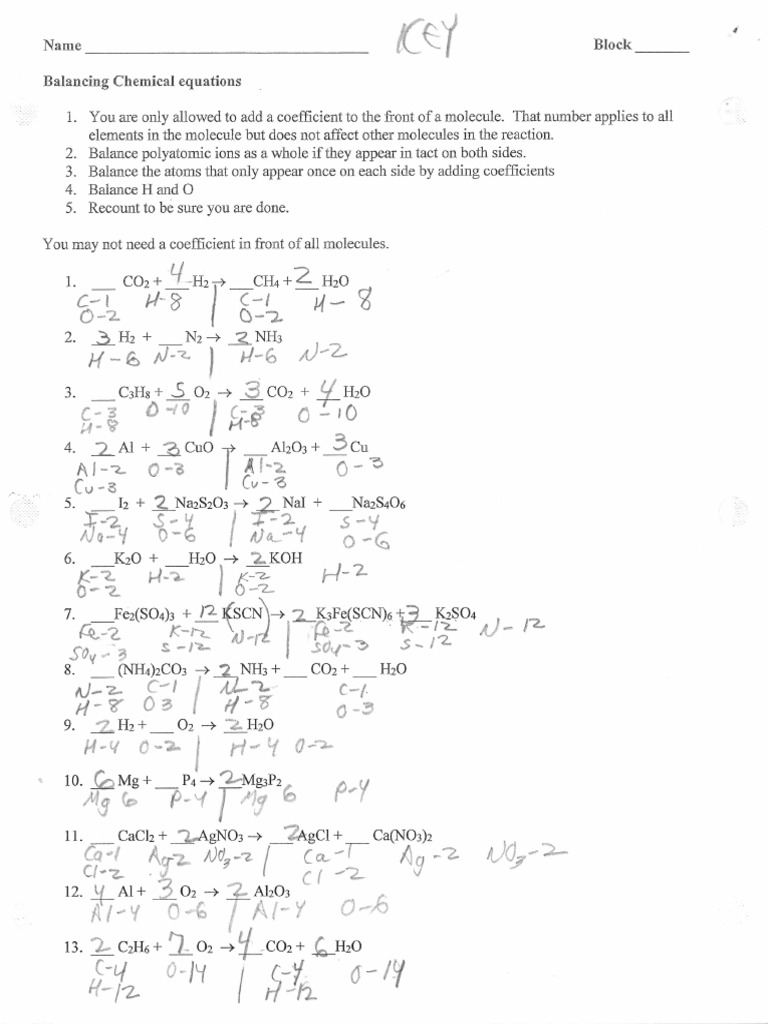 Answer Key Balancing Chemical Equations 2 | PDF