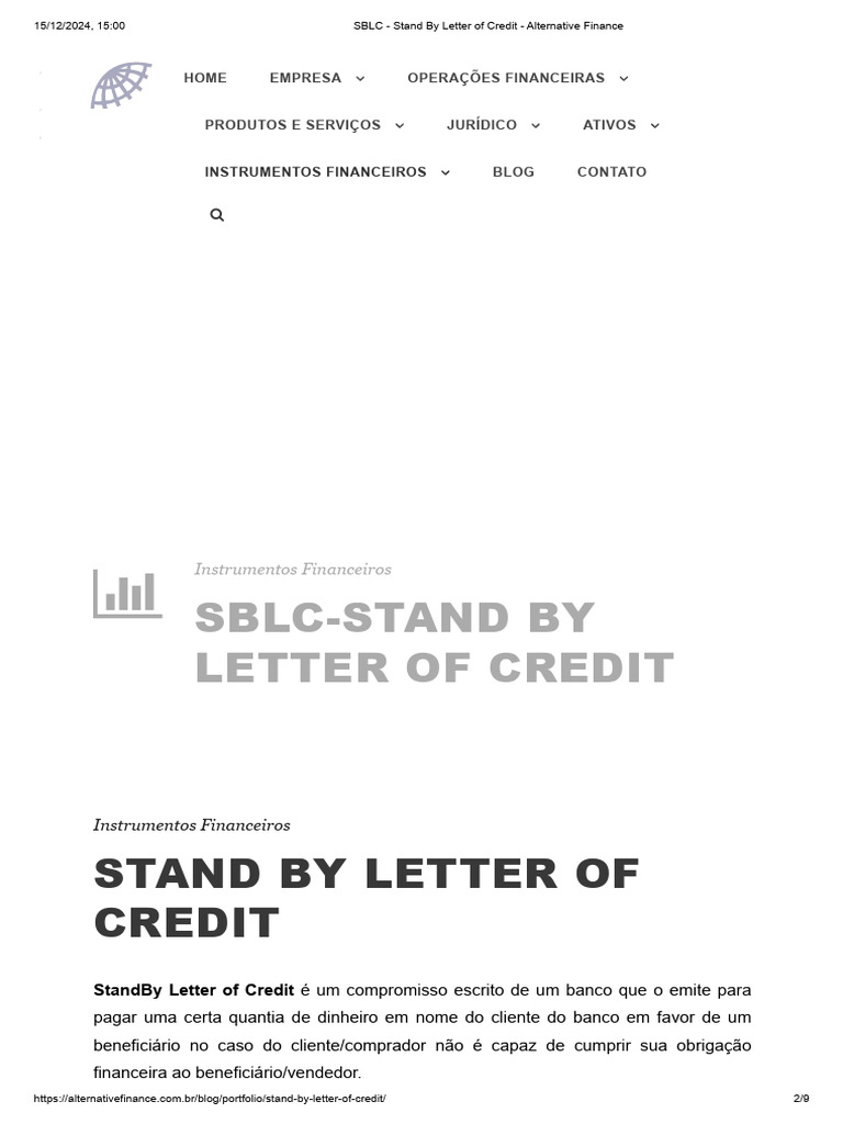 SBLC - Stand By Letter of Credit - Alternative Finance | PDF | Bancos | Política de privacidade