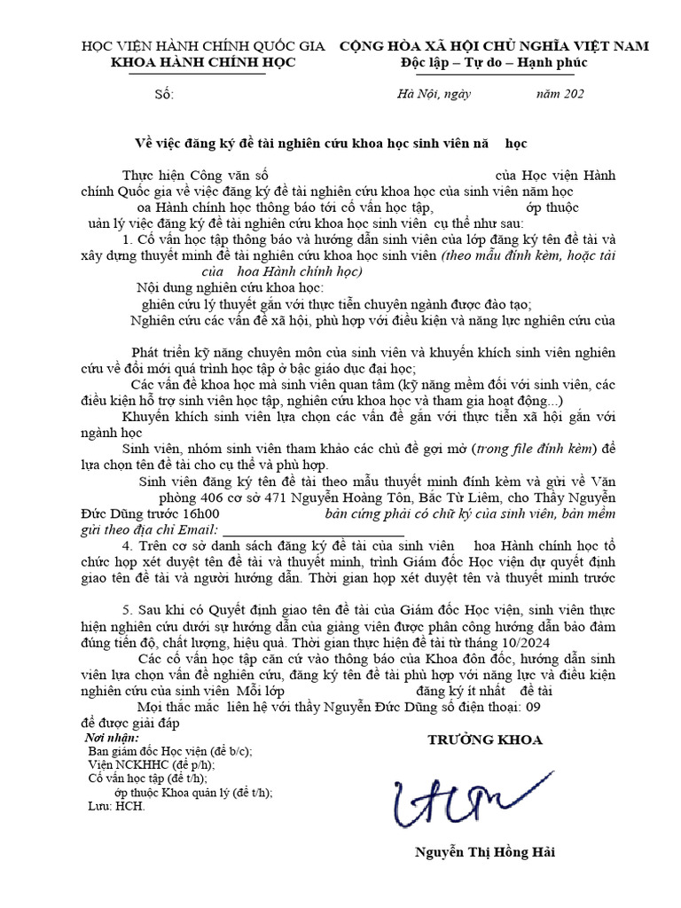 83. Thong bao dang ky ten de tai nckh sv nam hoc 2024_2025_V | PDF