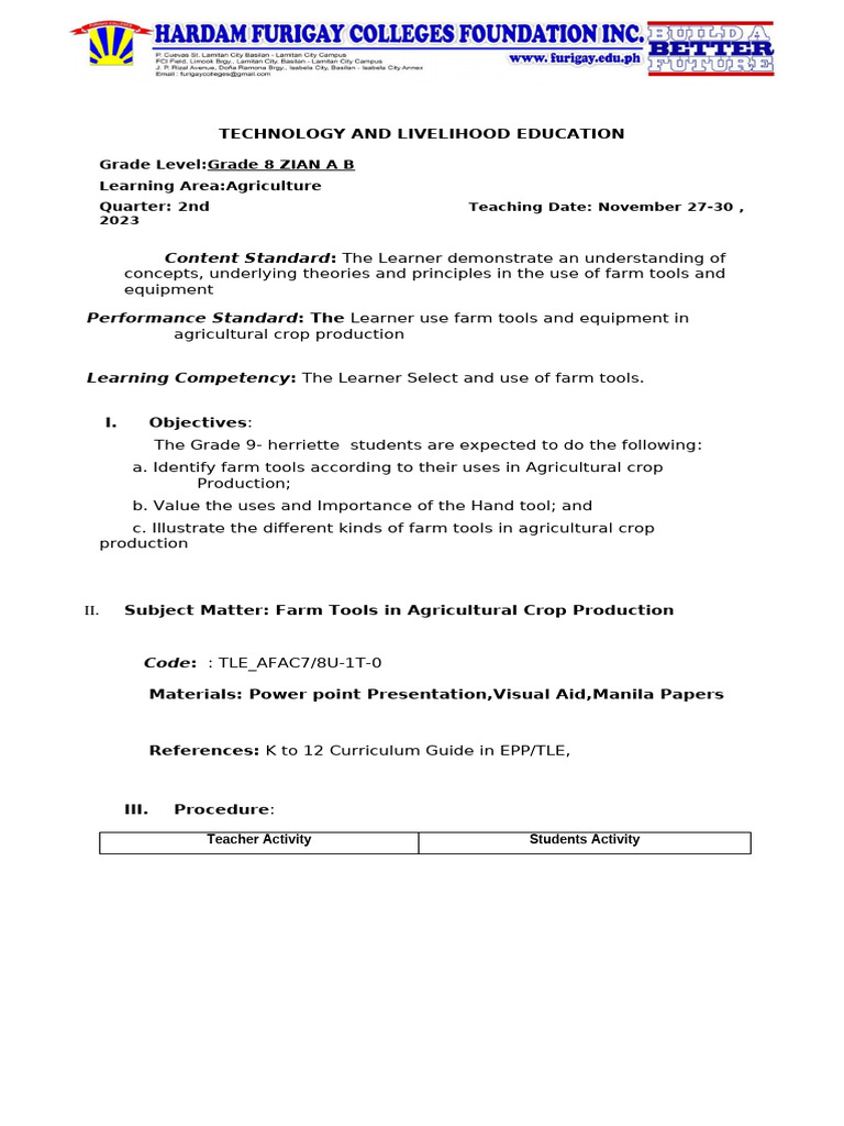 HFCFI TLE 8 Tools and Equipment in Agricultural Crops Production Lesson ...