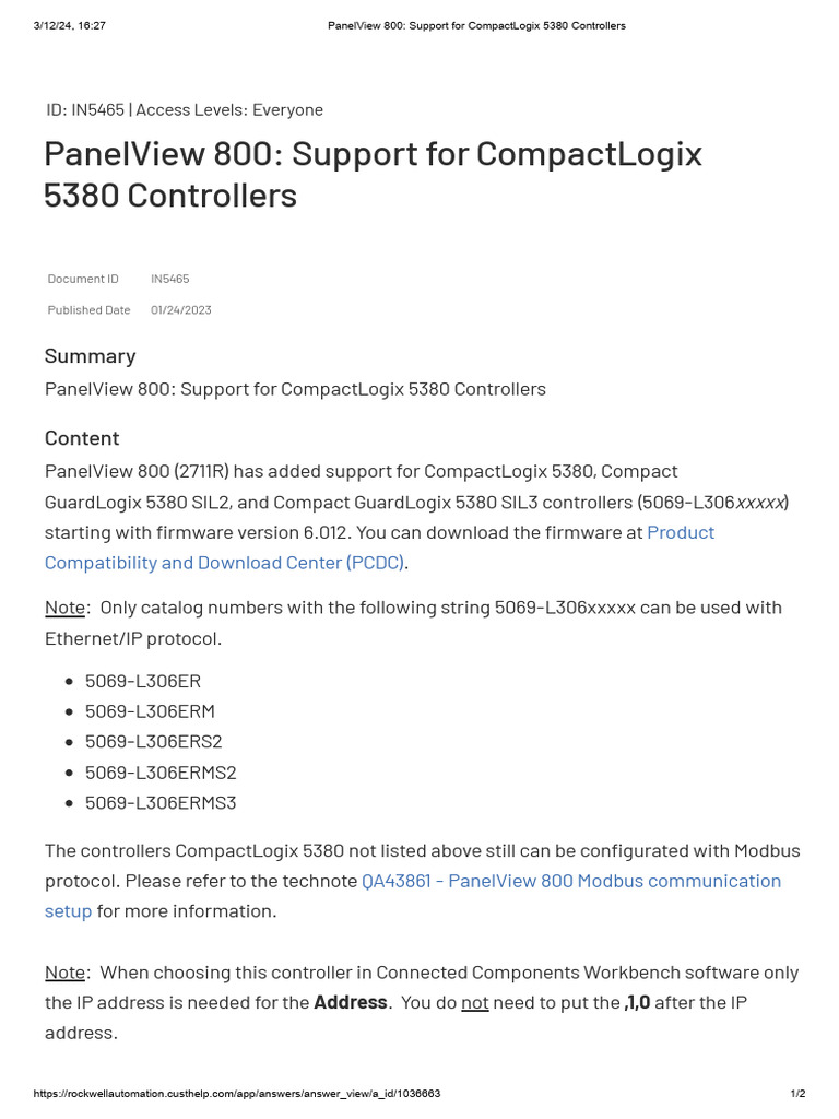 PanelView 800 Support for 5380 Controllers | PDF | Information ...