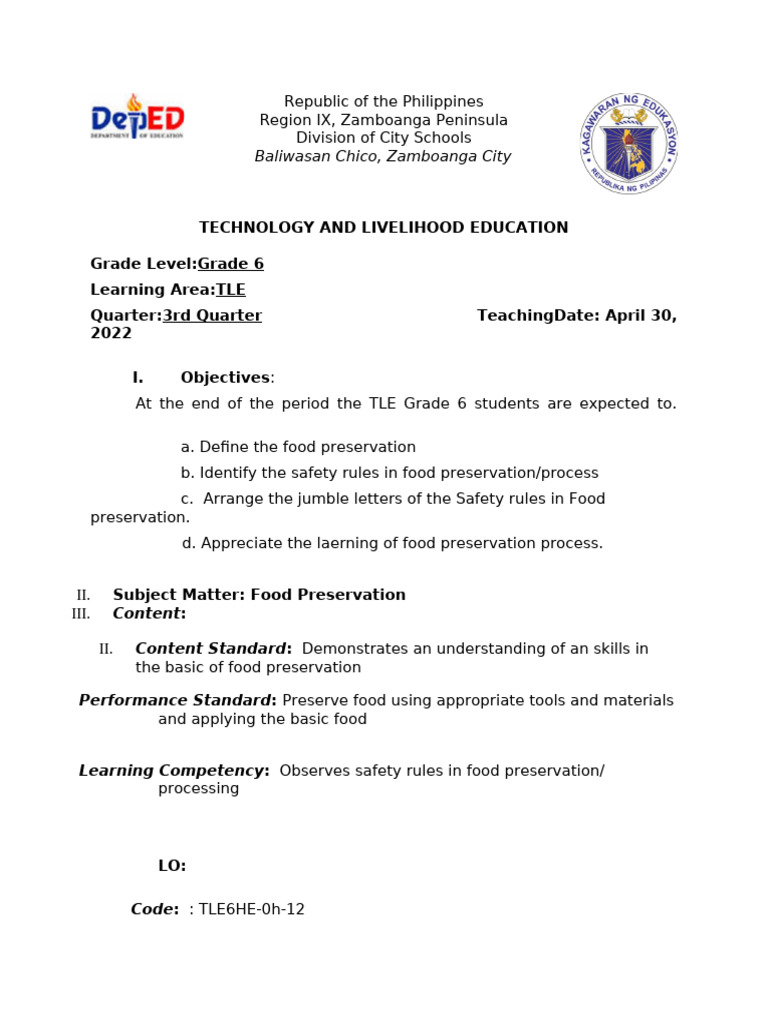 TLE 10 Technology For Teaching and Learning 2 Lesson Plan Food Preservation | PDF | Food ...