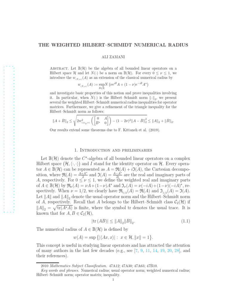 Weighted Hilbert-Schmidt Numerical Radius | PDF | Hilbert Space | Norm ...