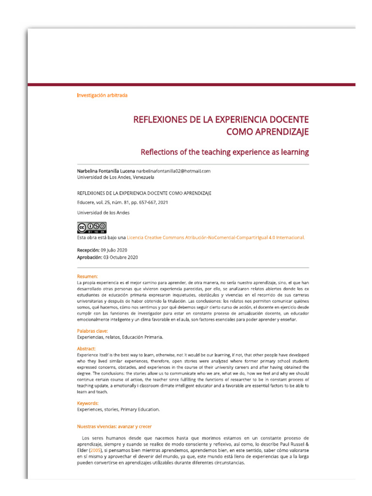 Reflexiones de La Experiencia Docente Como Aprendizaje | PDF