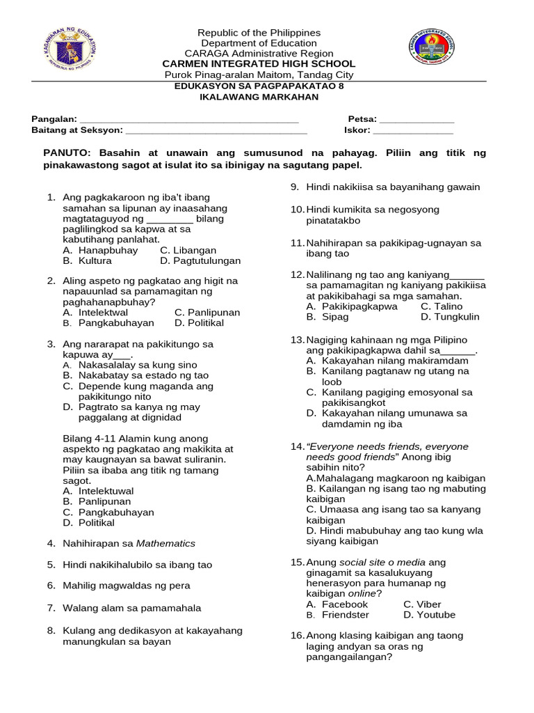 ESP 8 2nd QUARTER EXAM | PDF
