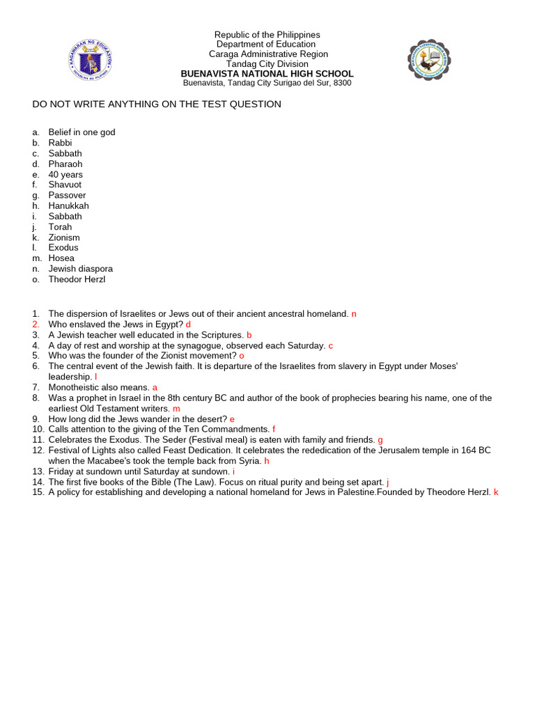 WORLD RELIGION_SUMMATIVE TEST JUDAISM ANSWERS KEY | PDF