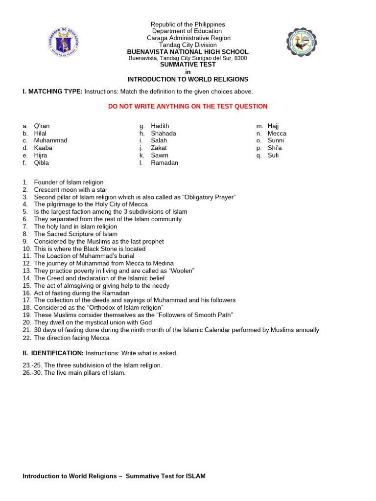 World Religion - Summative Test Islam | PDF | Monotheistic Religions ...