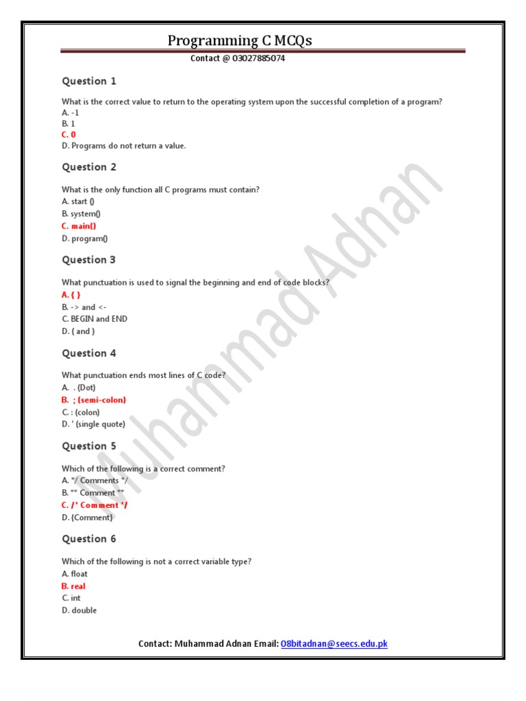 C Programming Mcqs Pdf C Programming Language Variable Computer Science