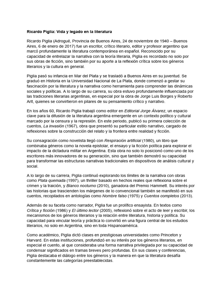 Biografía Profesional de Ricardo Piglia - Genero Literario | PDF | Cuentos